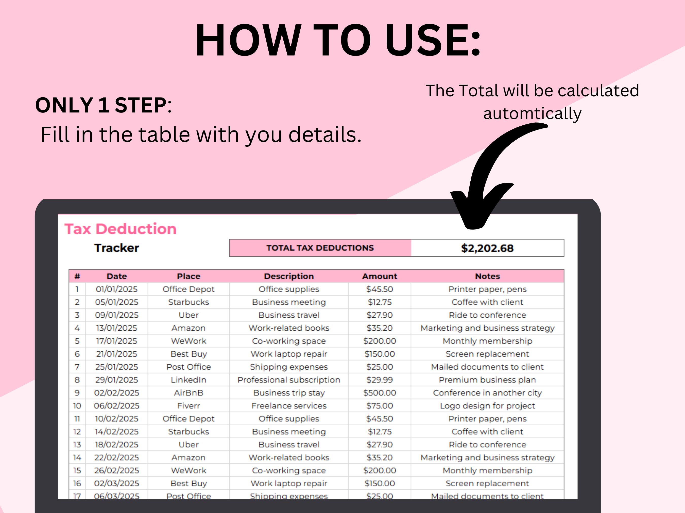 Tax Deduction Tracker Spreadsheet Editable Tax Deductions List Tax ...
