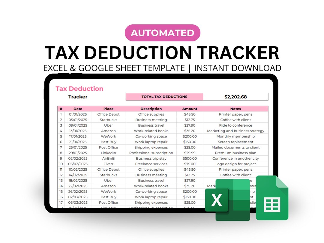 Tax Deduction Tracker Spreadsheet Editable Tax Deductions List Tax ...
