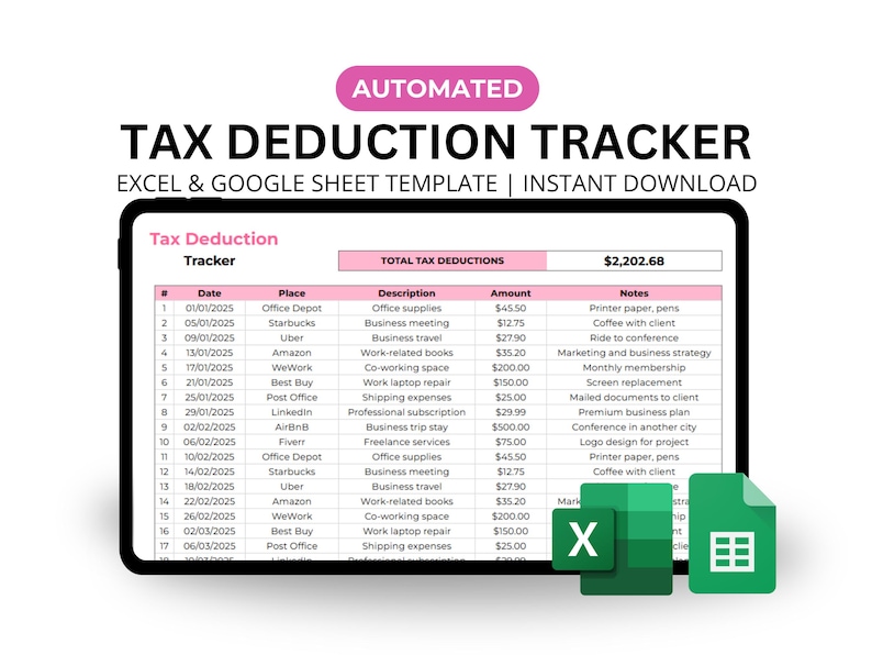 Tax Deduction Tracker Spreadsheet Editable Tax Deductions List Tax Organizer Planner Small ...