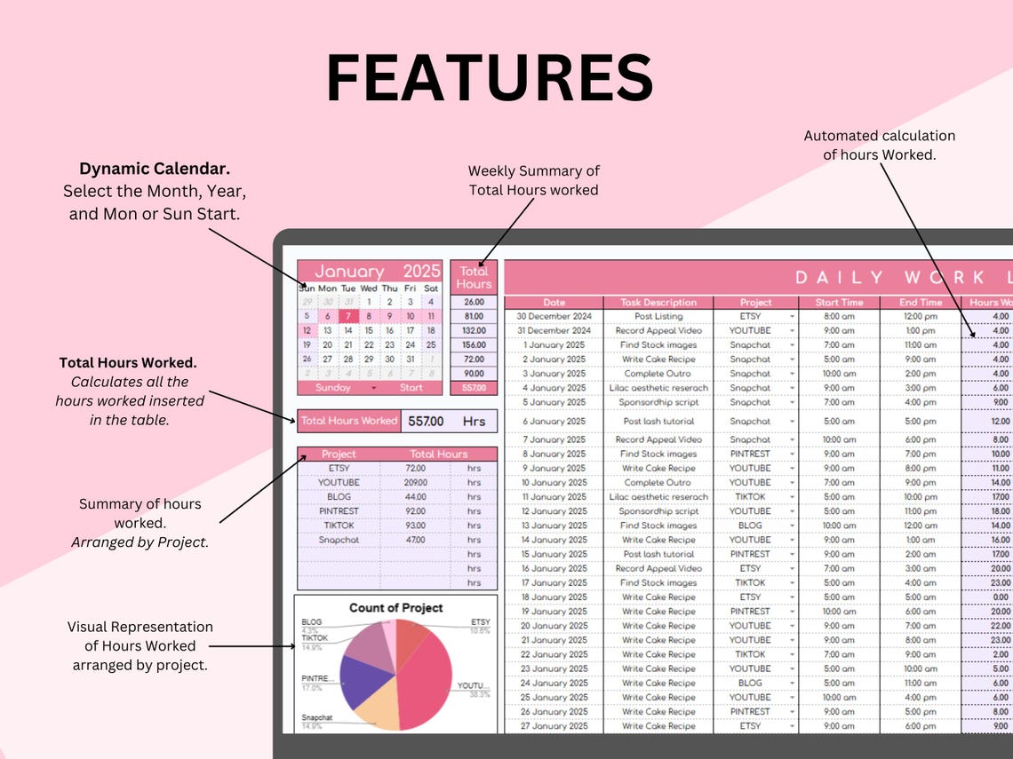 EDITABLE Daily Work Log Excel Template Track Time Projects Priorities ...