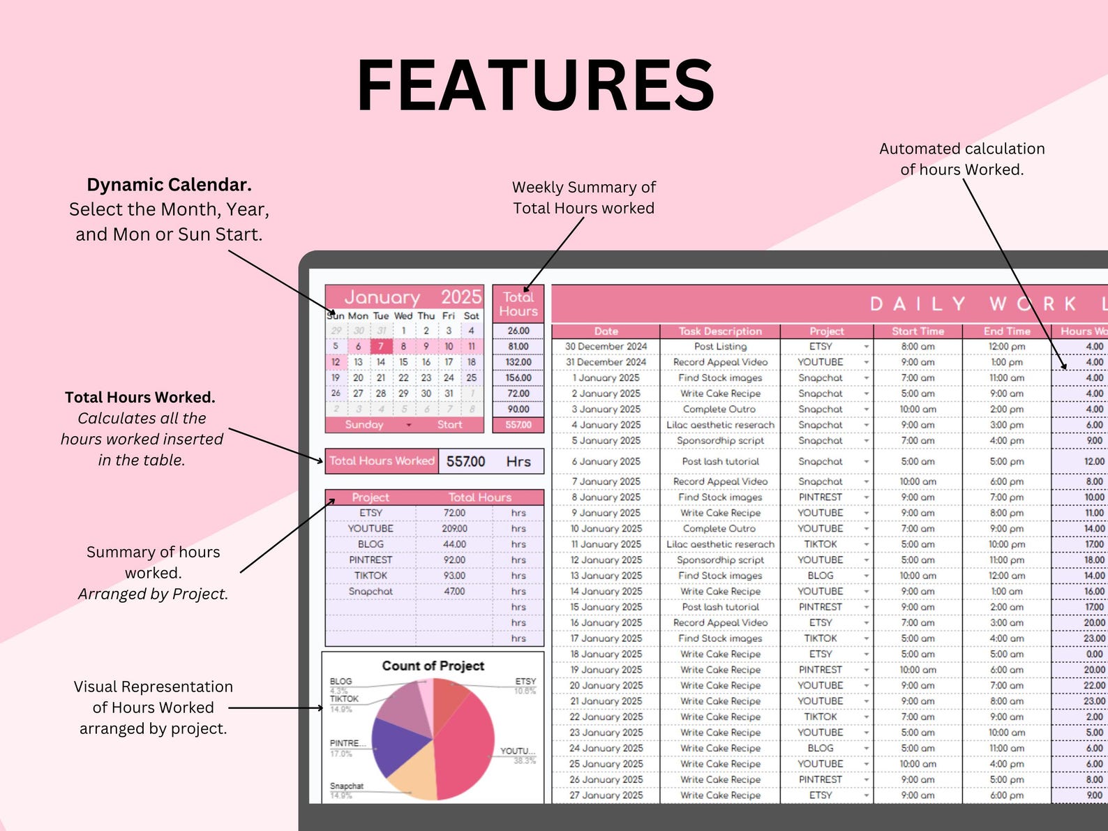 EDITABLE Daily Work Log Excel Template Track Time Projects Priorities ...