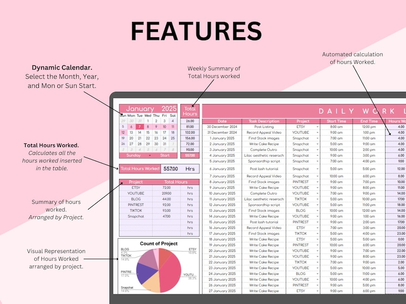 EDITABLE Daily Work Log Excel Template Track Time Projects Priorities ...