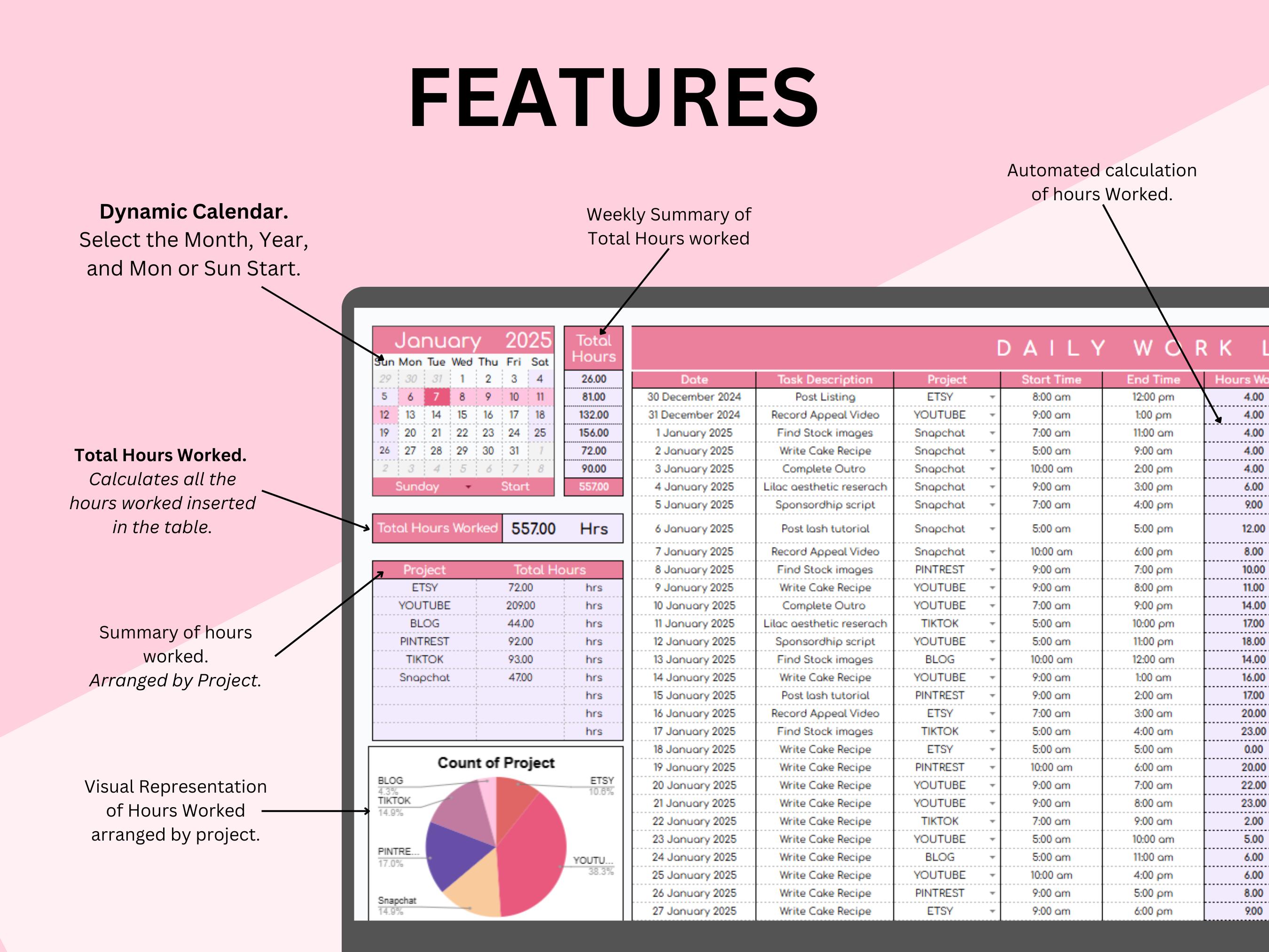 EDITABLE Daily Work Log Excel Template Track Time Projects Priorities ...
