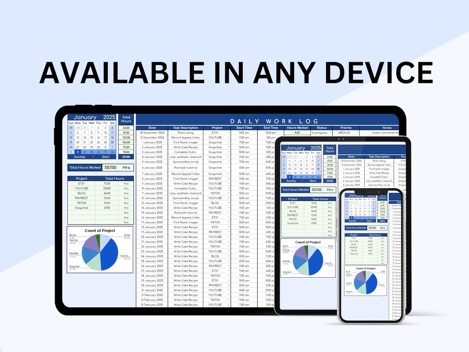 EDITABLE Daily Work Log Excel Template Track Time Projects Priorities ...
