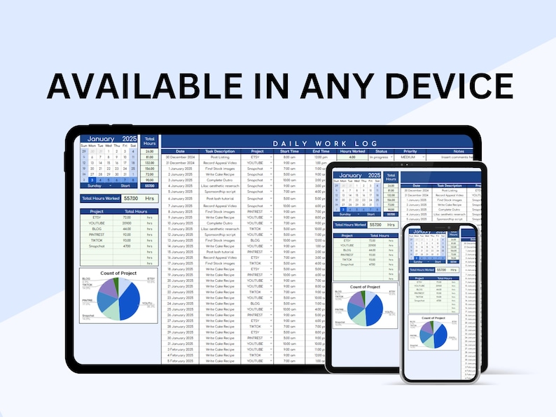 EDITABLE Daily Work Log Excel Template Track Time Projects Priorities ...