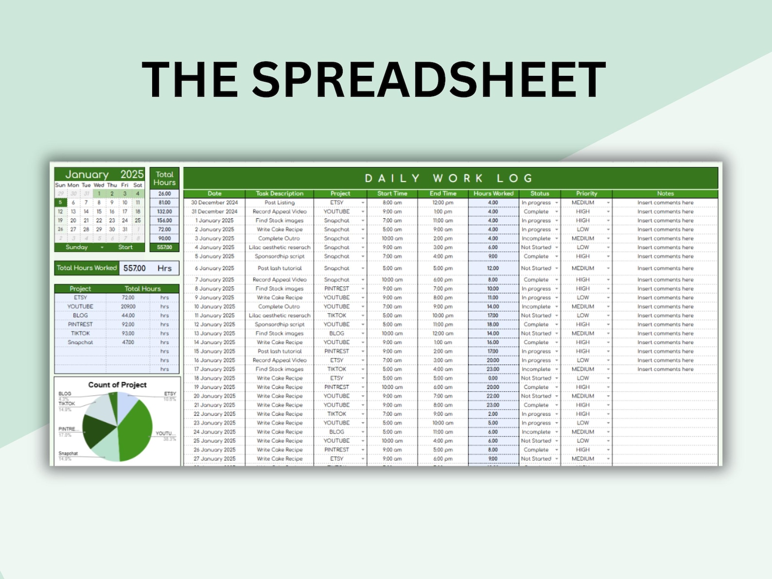 EDITABLE Daily Work Log Excel Template Track Time Projects Priorities ...