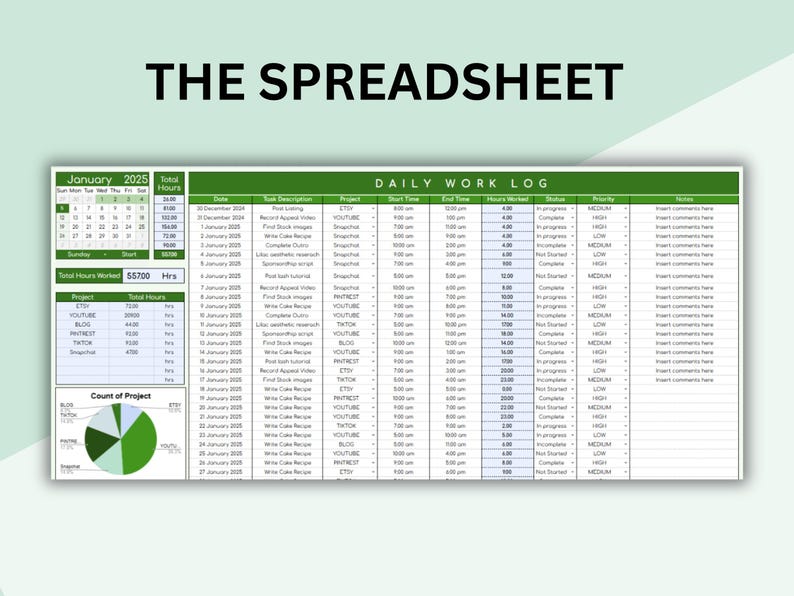 EDITABLE Daily Work Log Excel Template Track Time Projects Priorities ...