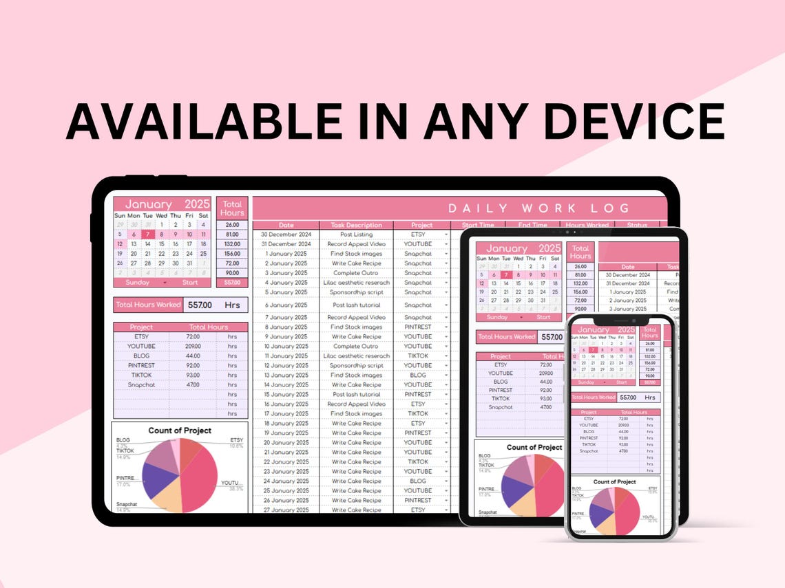 EDITABLE Daily Work Log Excel Template Track Time Projects Priorities Hours Worked Summary ...