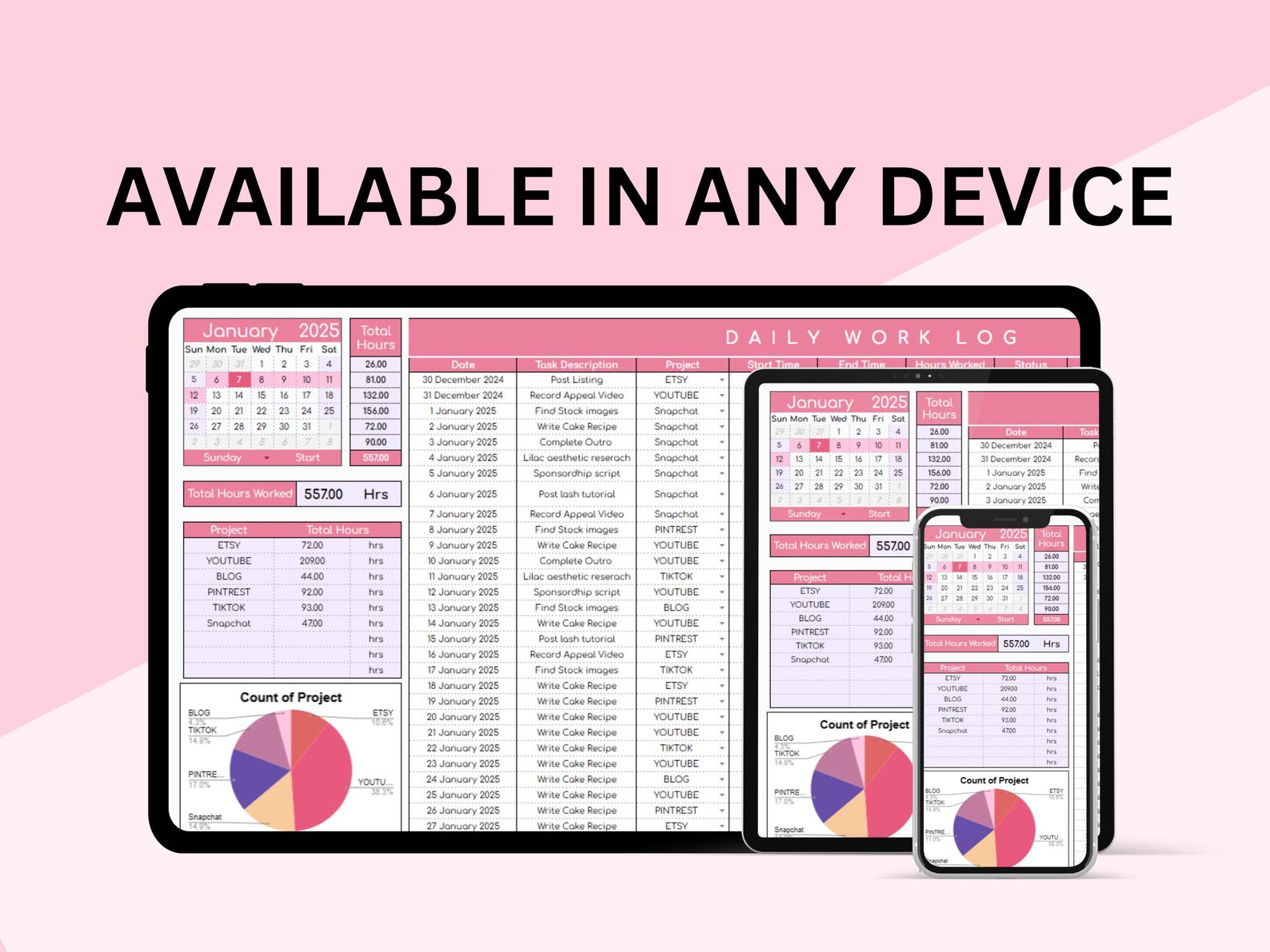 EDITABLE Daily Work Log Excel Template Track Time Projects Priorities ...