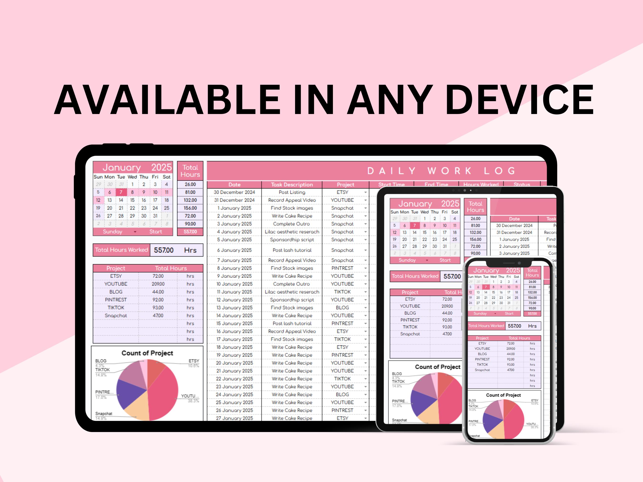 EDITABLE Daily Work Log Excel Template Track Time Projects Priorities ...
