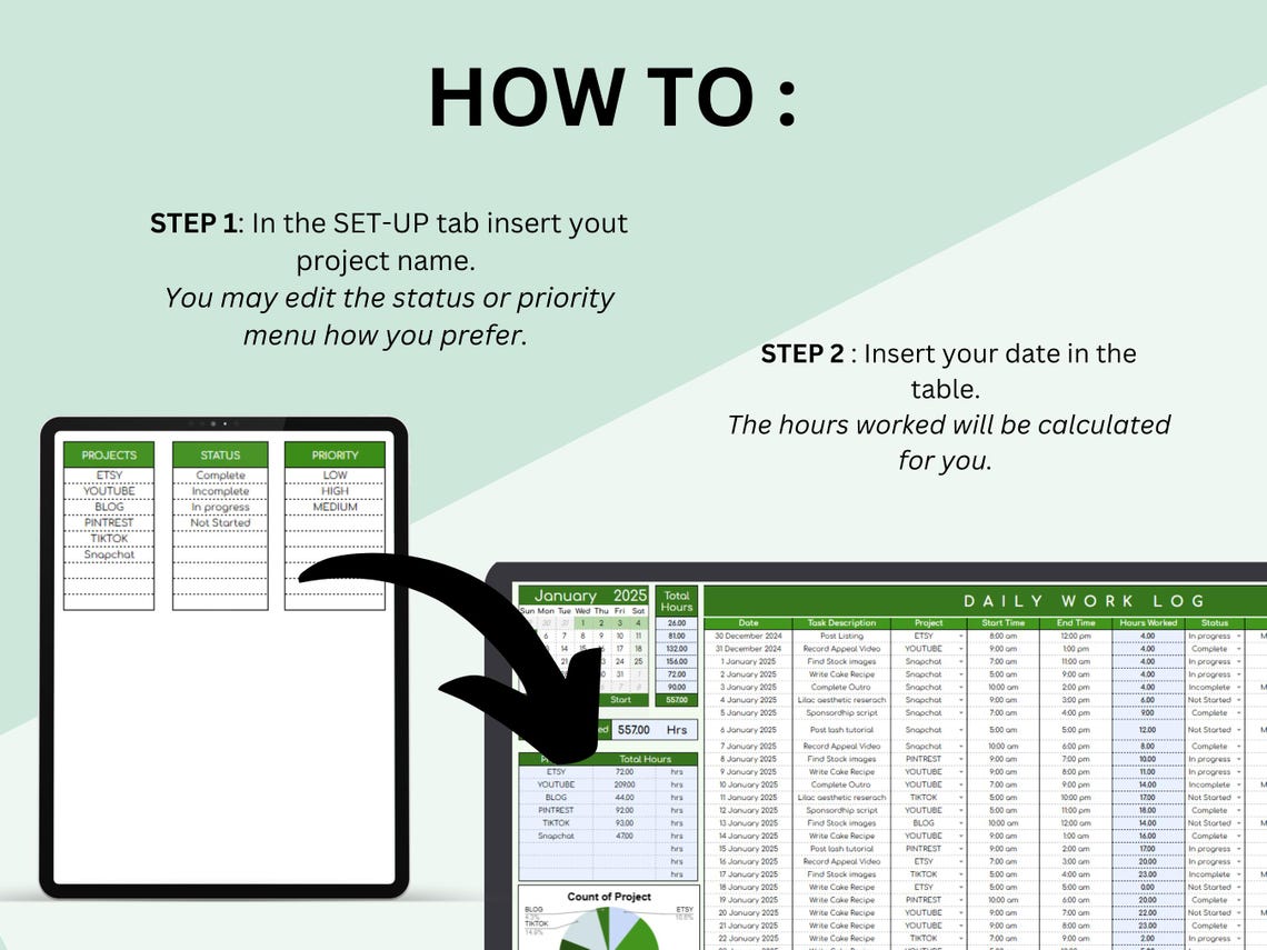 EDITABLE Daily Work Log Excel Template Track Time Projects Priorities ...