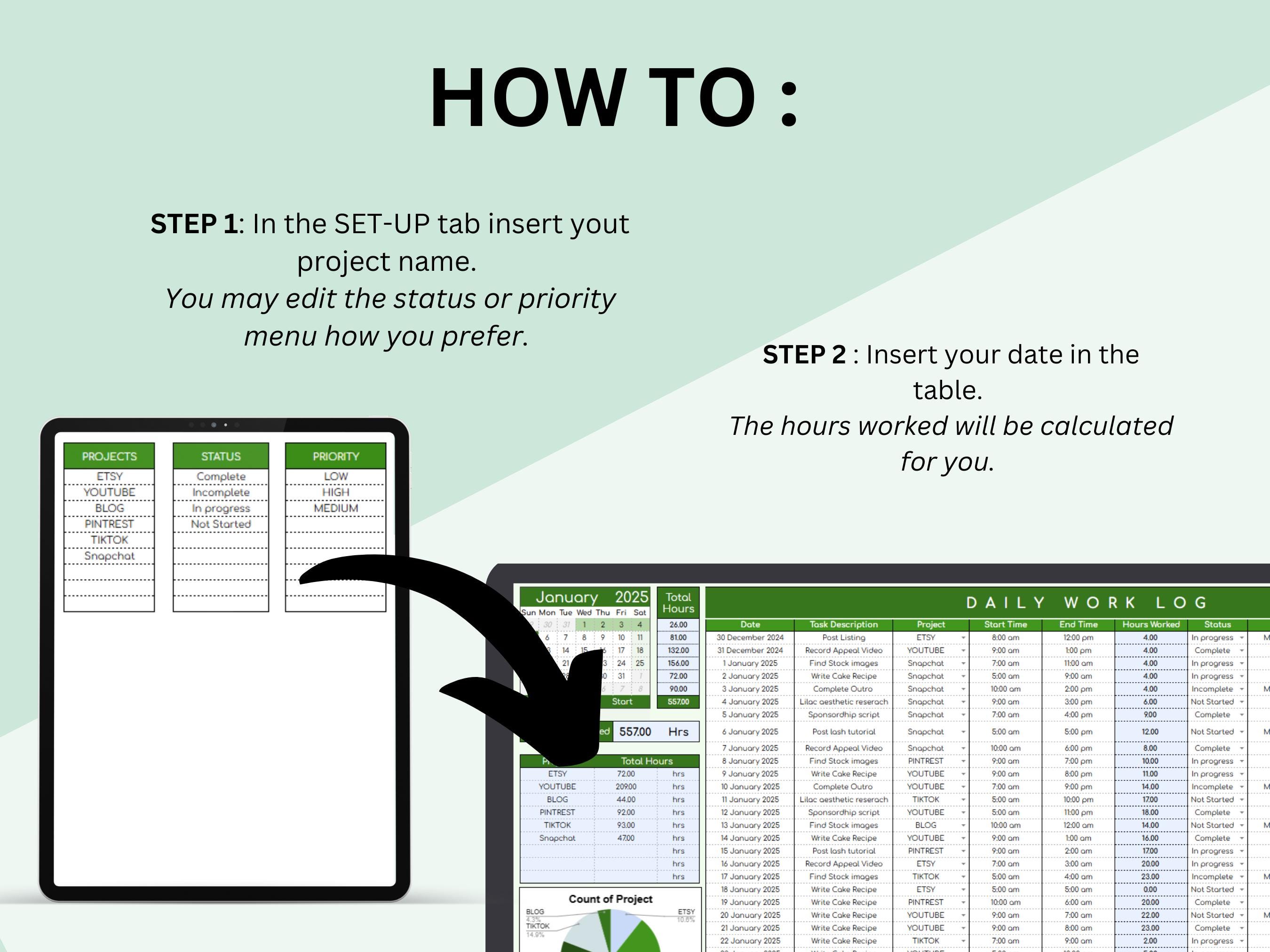 EDITABLE Daily Work Log Excel Template Track Time Projects Priorities ...