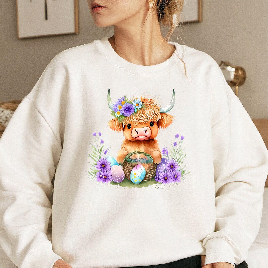 Watercolor Spring Highland Cow Clipart, Easter Cow Print Clipart, Baby ...