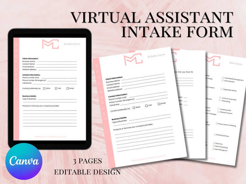 Virtual Assistant Canva Template, Intake Form, Client Onboarding, Small Business, Printable ...