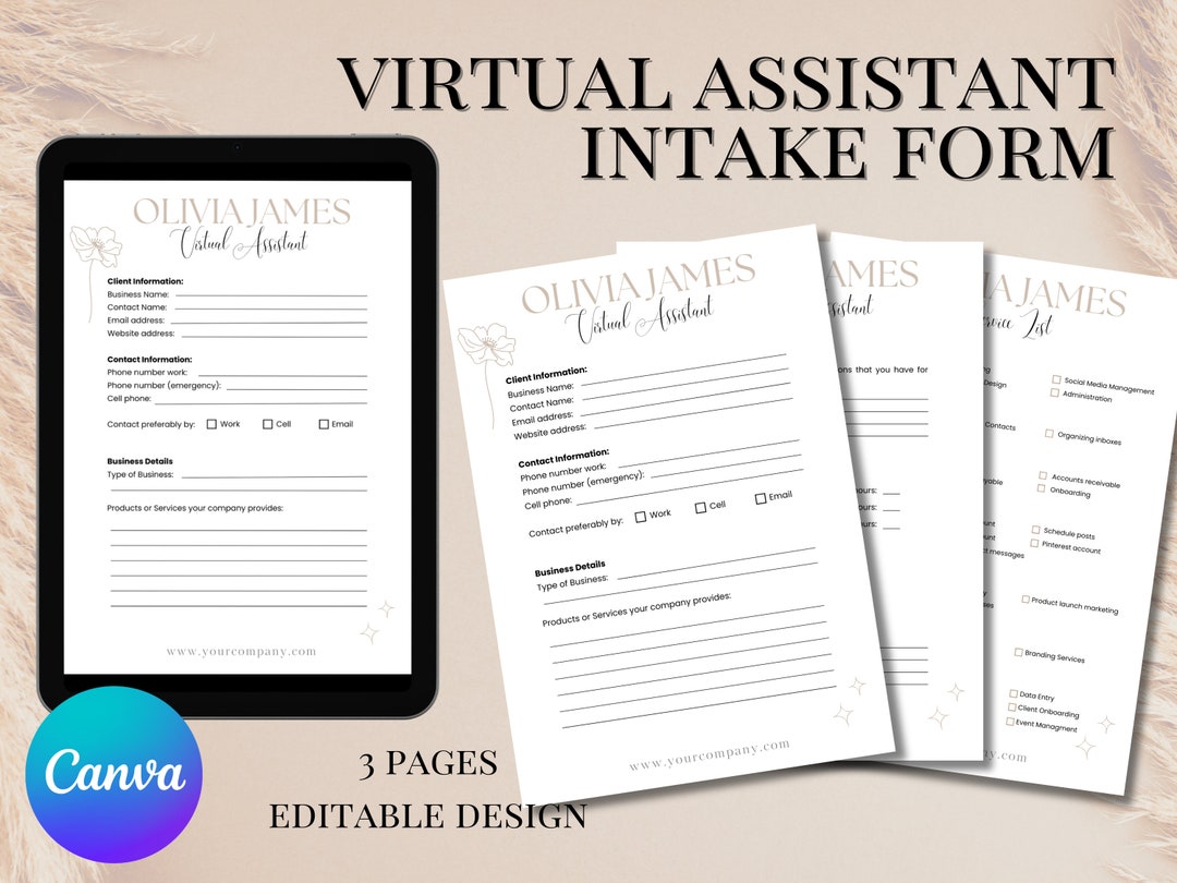 Virtual Assistant Canva Template, Intake Form, Client Onboarding, Small ...