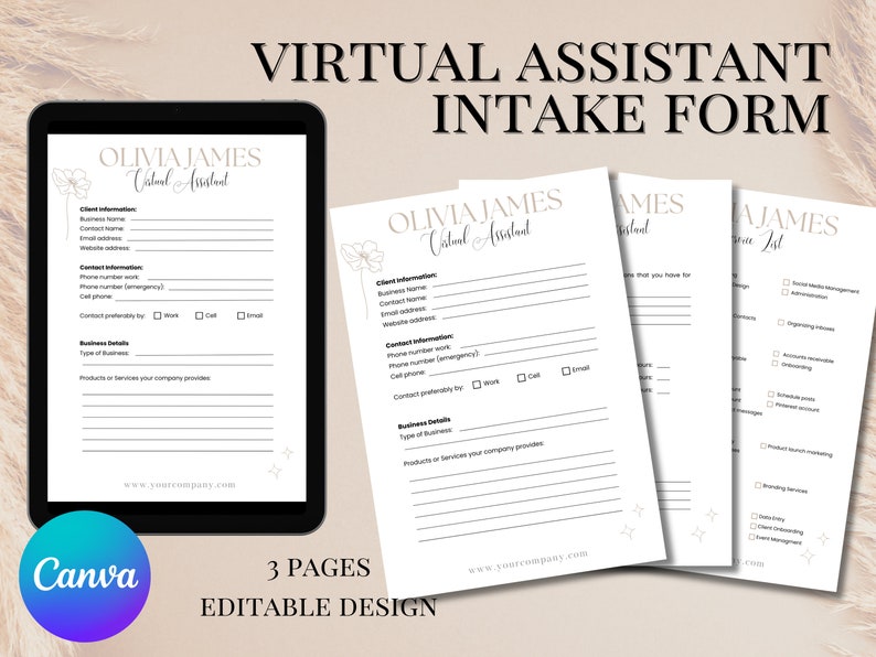 Virtual Assistant Canva Template, Intake Form, Client Onboarding, Small ...
