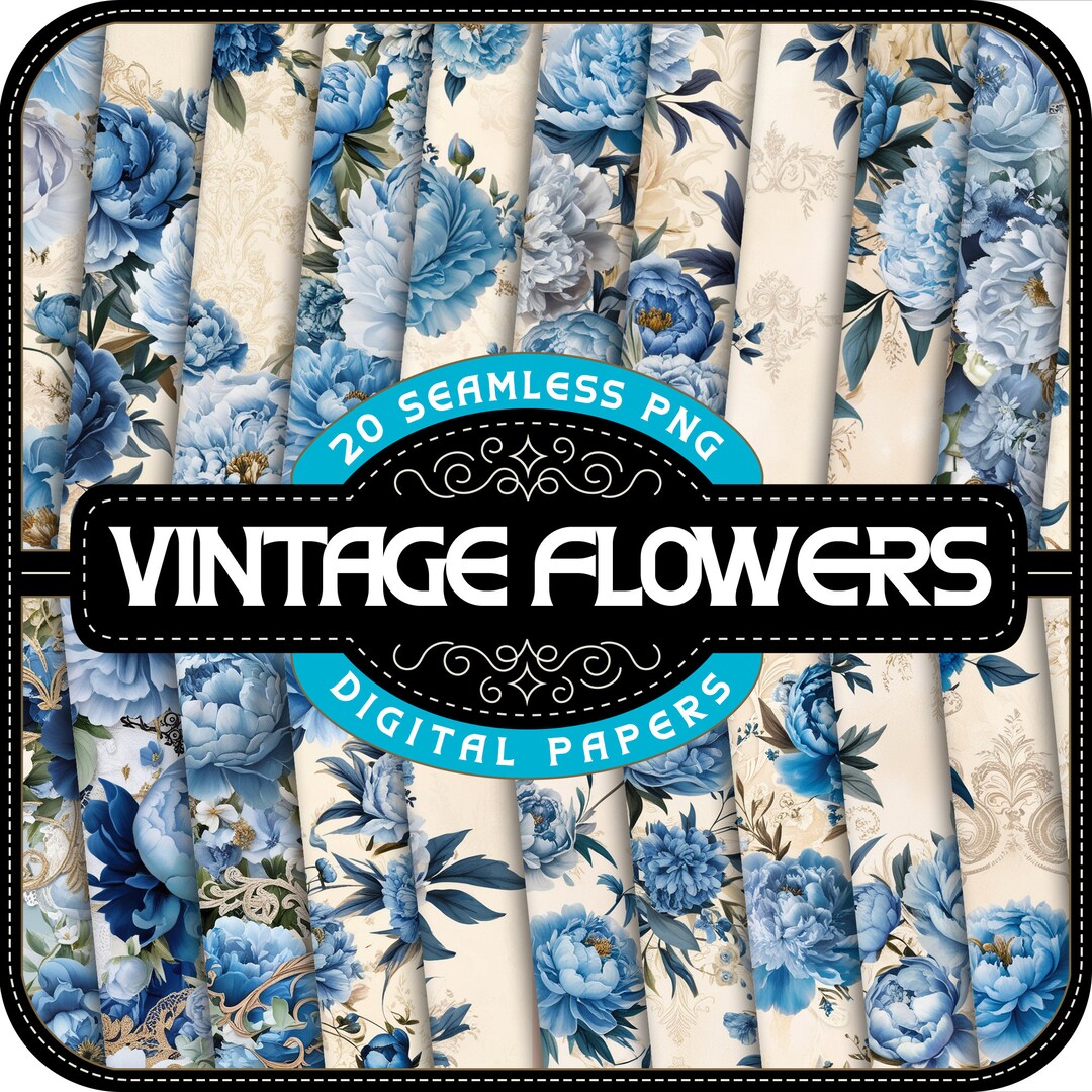 Blue Peony Flowers Floral Digital Paper Vintage Powder Blue White ...