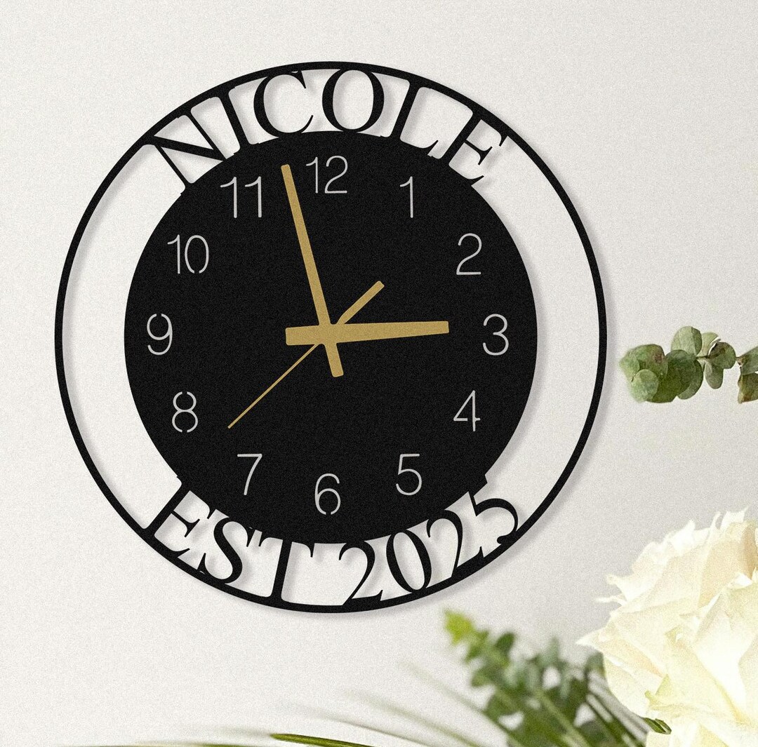 Custom Name and EST Metal Wall Clock, Personalised Last Name Clock, New ...