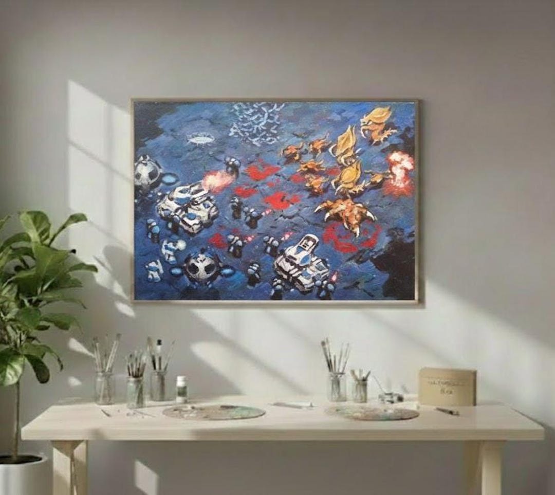 Starcraft Terran Vs Zerg Fan Art Oil Painting RTS Battle Scene Sci Fi ...