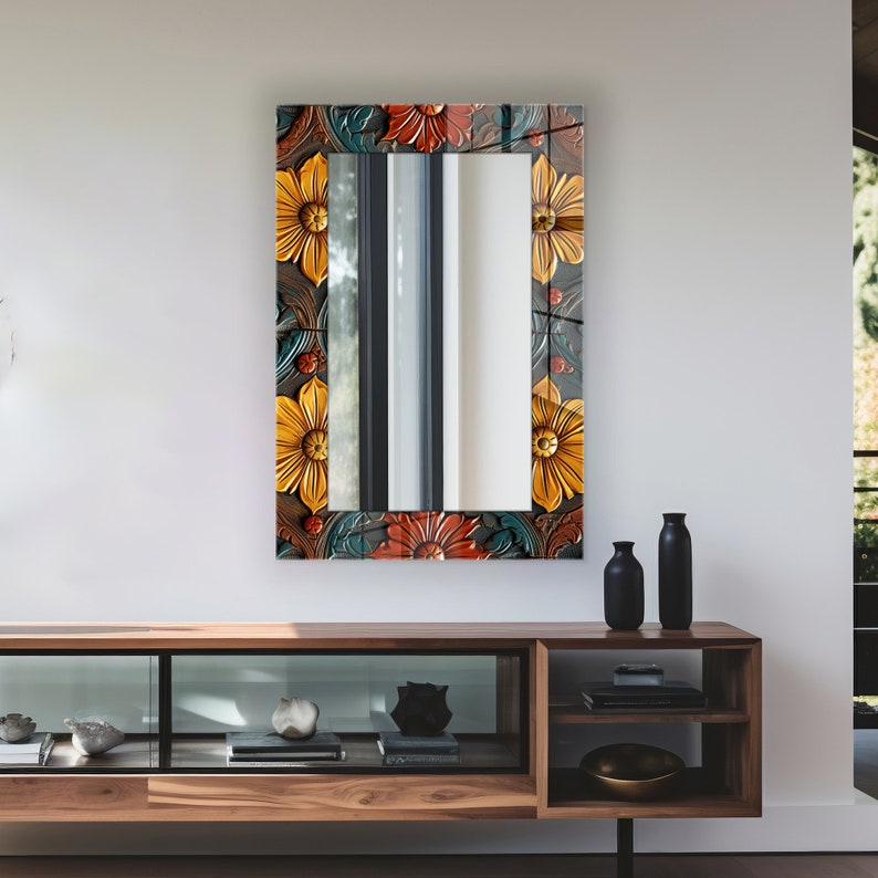 Colorful Floral Tempered Glass Round Wall Mirror: Decorative Bathroom ...