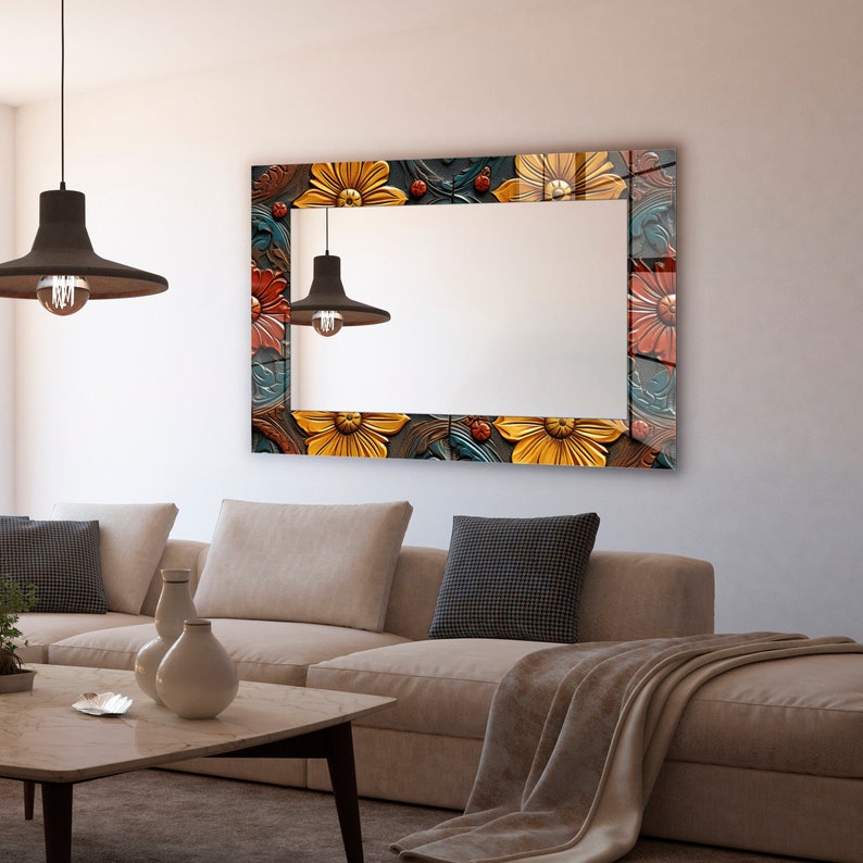 Colorful Floral Tempered Glass Round Wall Mirror: Decorative Bathroom ...