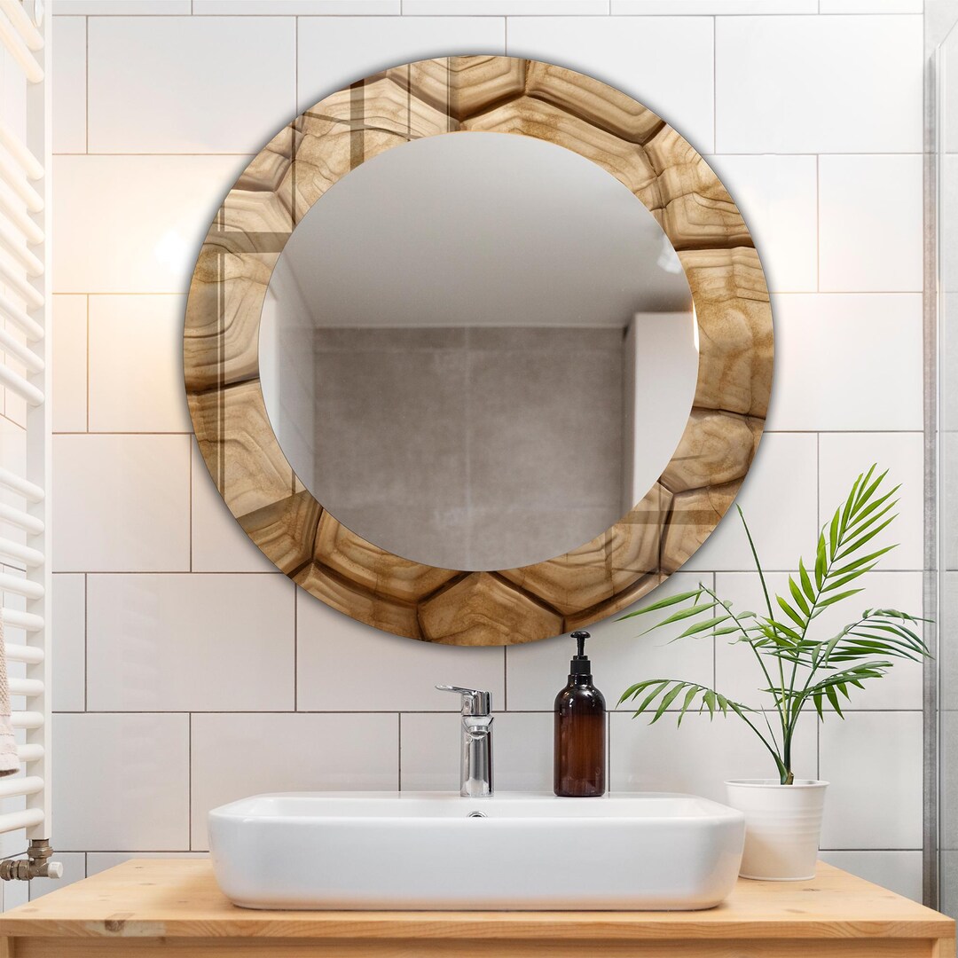 Wood Theme Round Mirror Wall Decor for Bathroom, Glass Wall Decor for ...