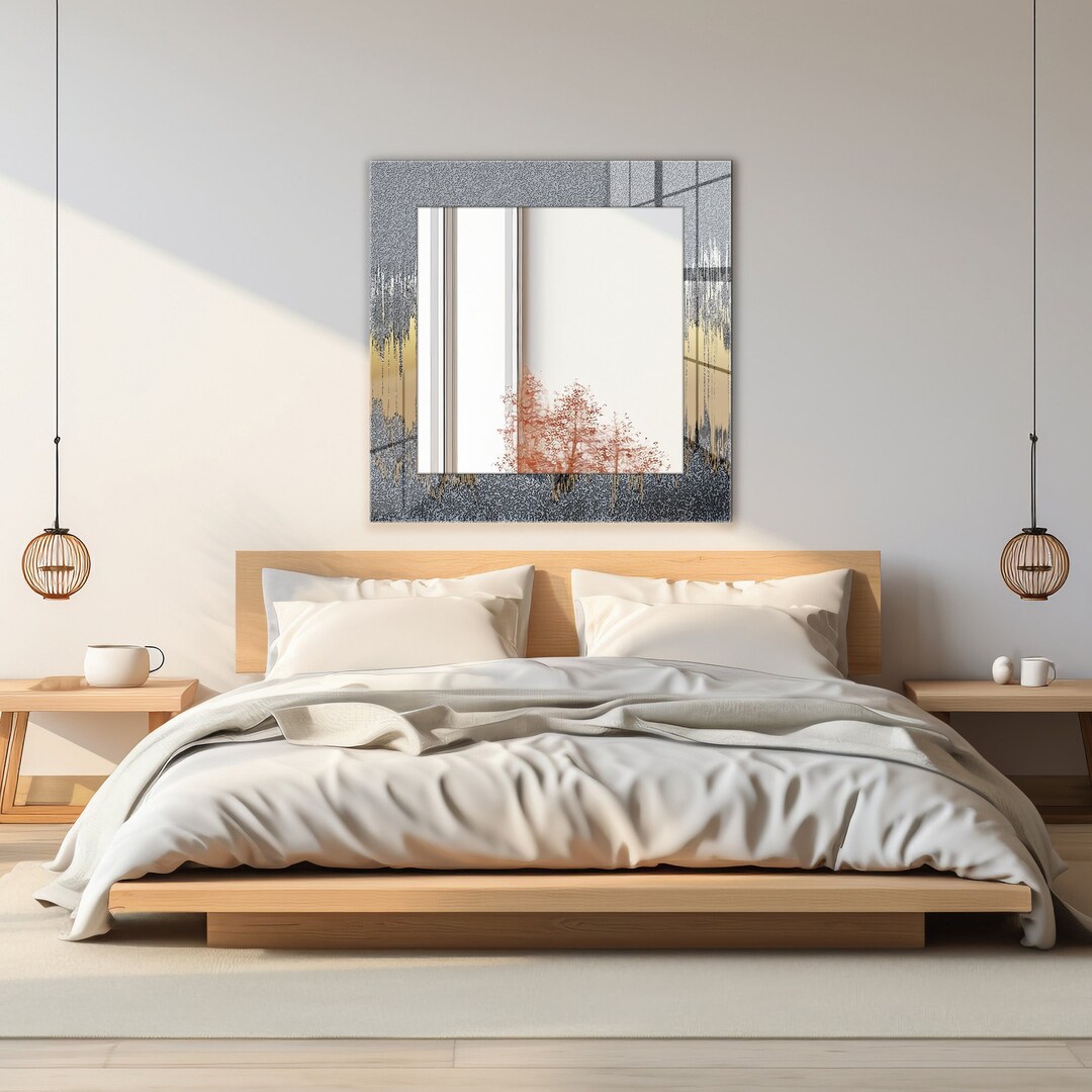 Tempered Glass Wall Mirror: Gray Abstract Square Bedroom Decor - Etsy