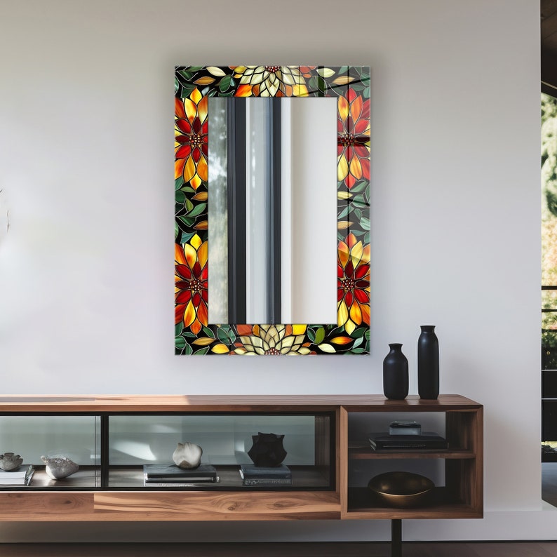 Colorful Floral Tempered Glass Round Wall Mirror: Decorative Bathroom ...