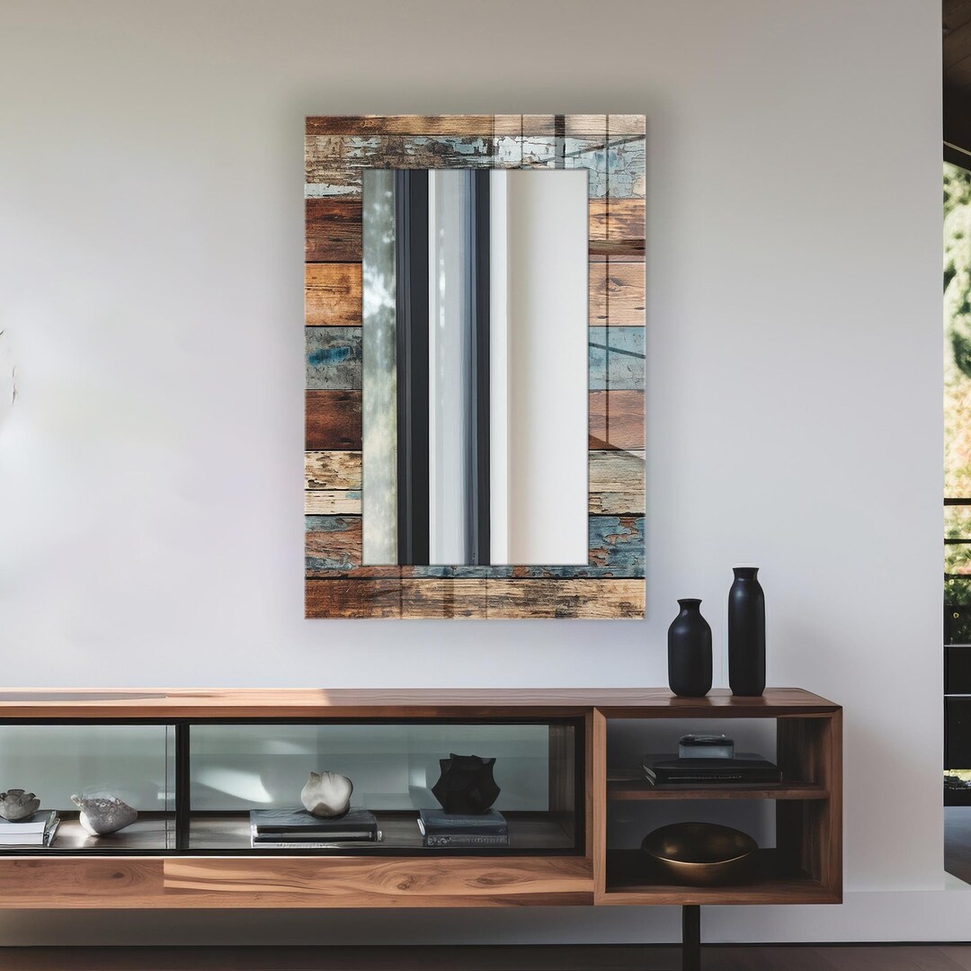 Pastel Colored Wooden Theme Mirror Wall Decor for Bathroom, Living Room ...