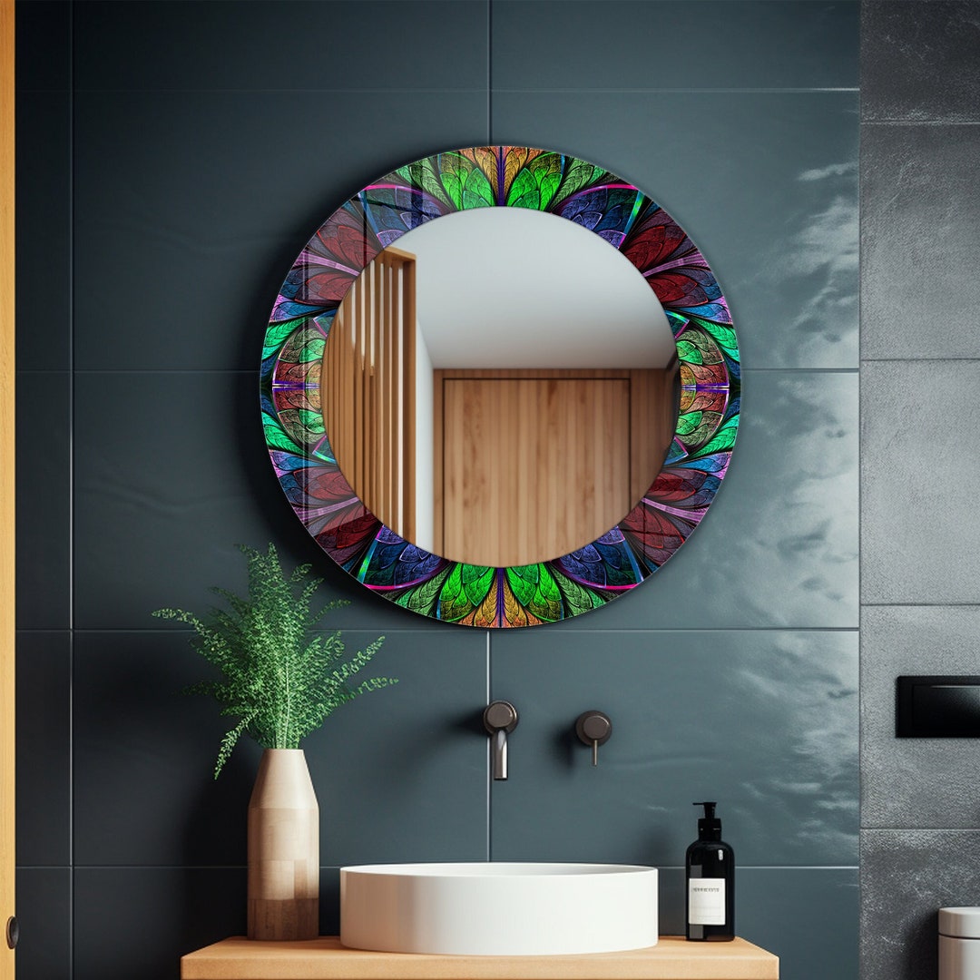 Green & Clared Red Stained Theme Mirror Wall Decor for Living Room ...
