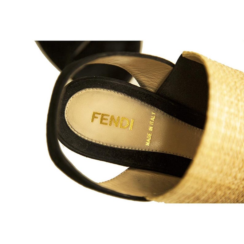 Fendi Black Suede Beige Raffia Open Toe Sandals Shoes Slingback Heels ...