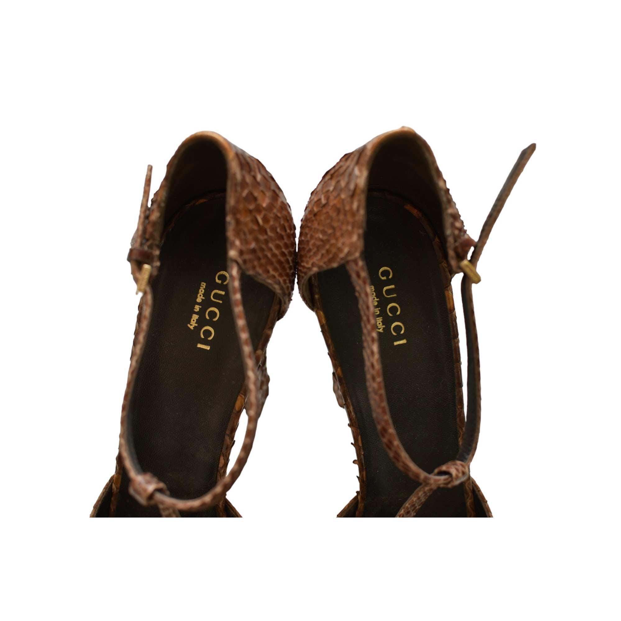 GUCCI Brown Snakeskin Leather T-strap Open Toe Flowers Pumps High Heels ...