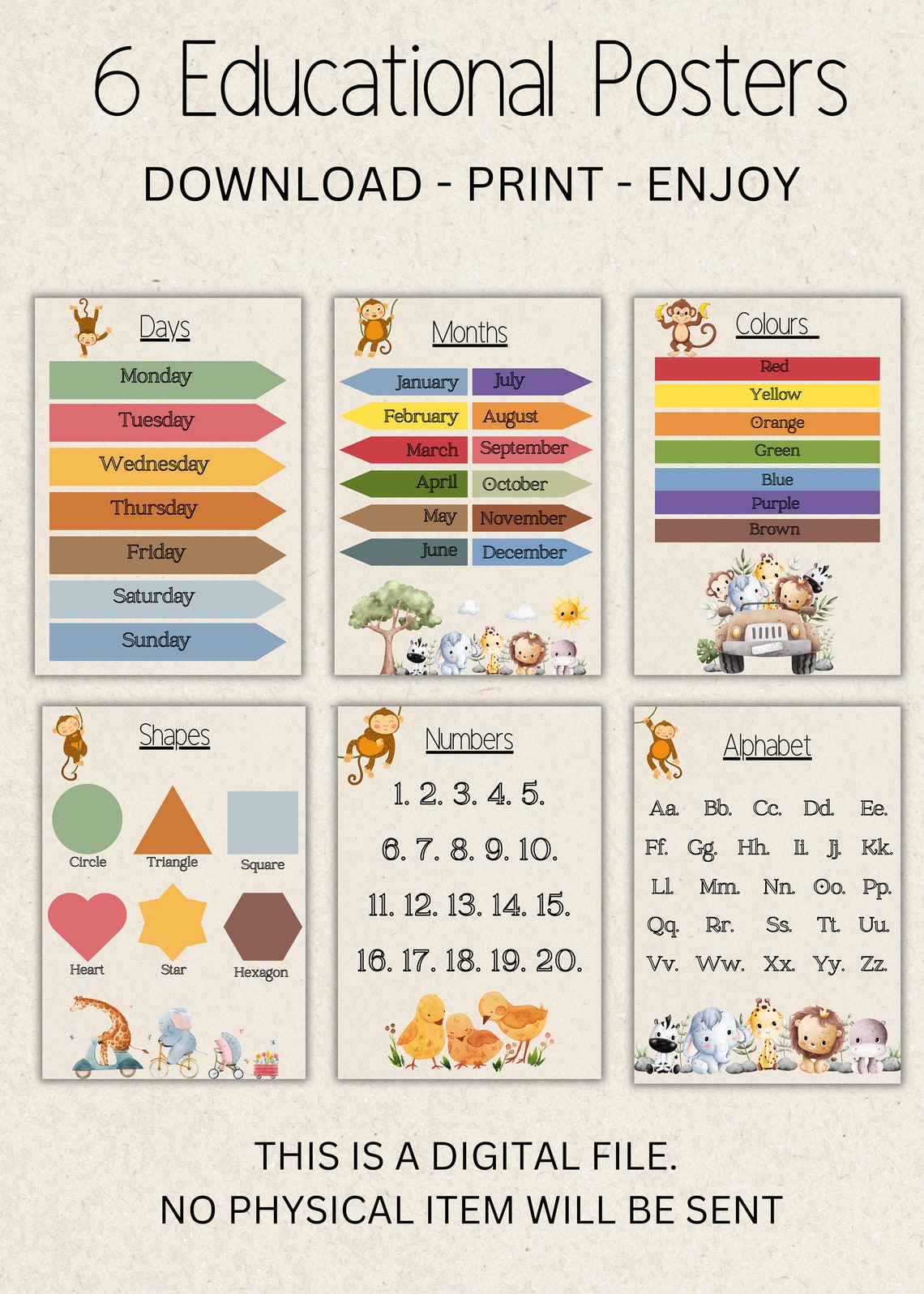 Educational Posters, 6 Boho Playroom Wall Art, Montessori Learning ...
