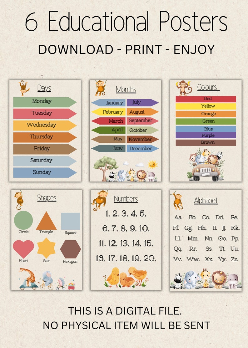 Educational Posters, 6 Boho Playroom Wall Art, Montessori Learning ...