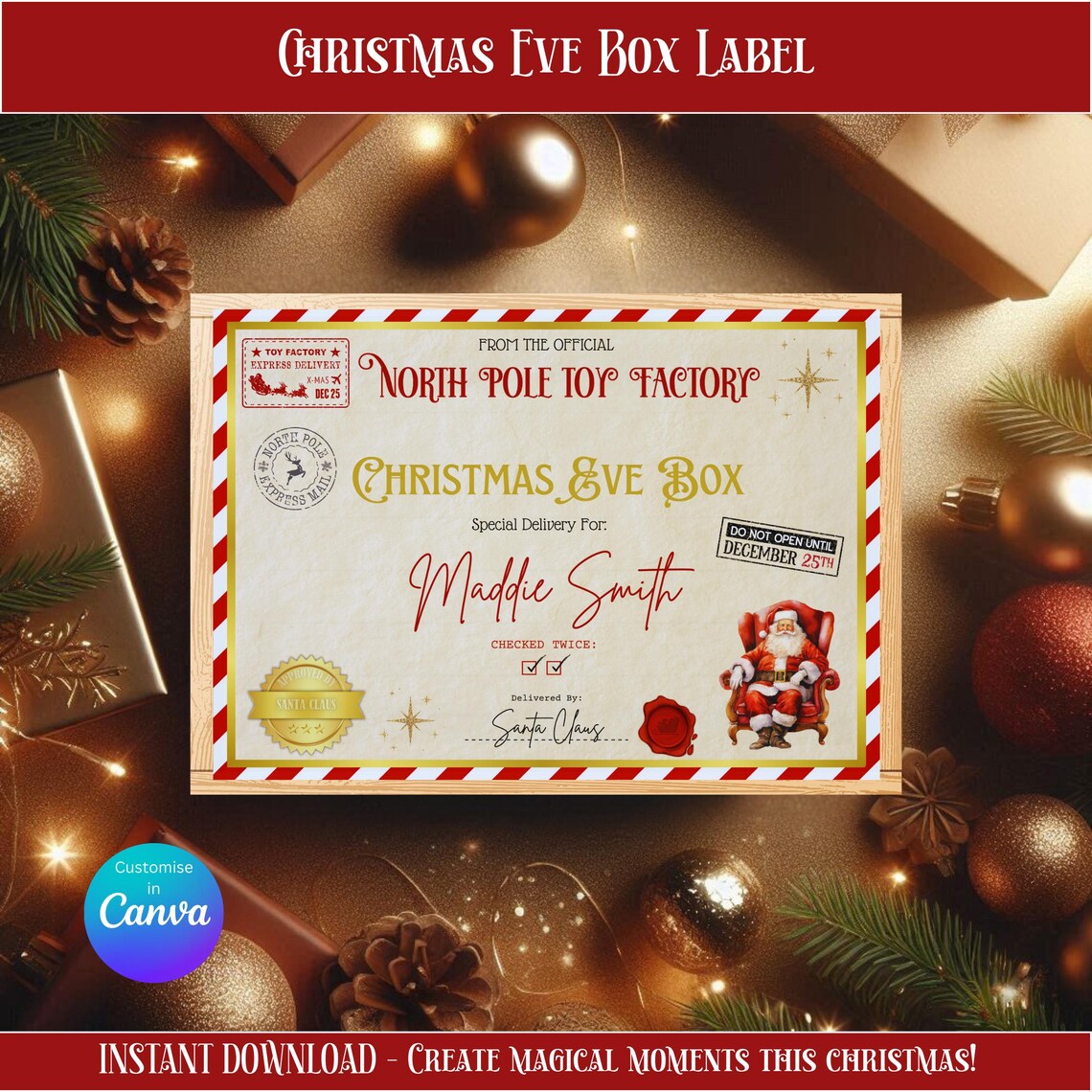 Personalized Printable Christmas Eve Box Label, Santa or Father ...