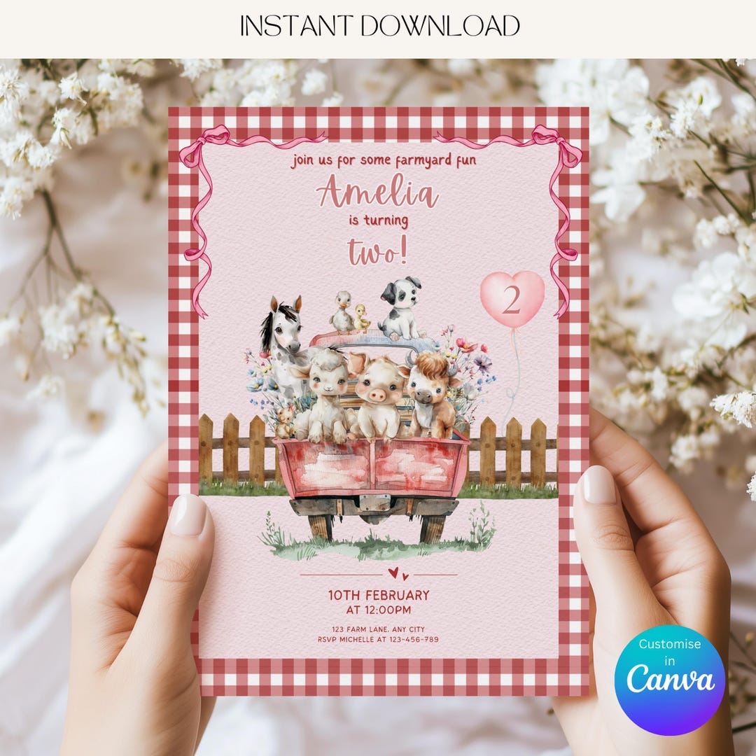 Farmyard Birthday Invitation, Pink Gingham, Barnyard Party Theme ...