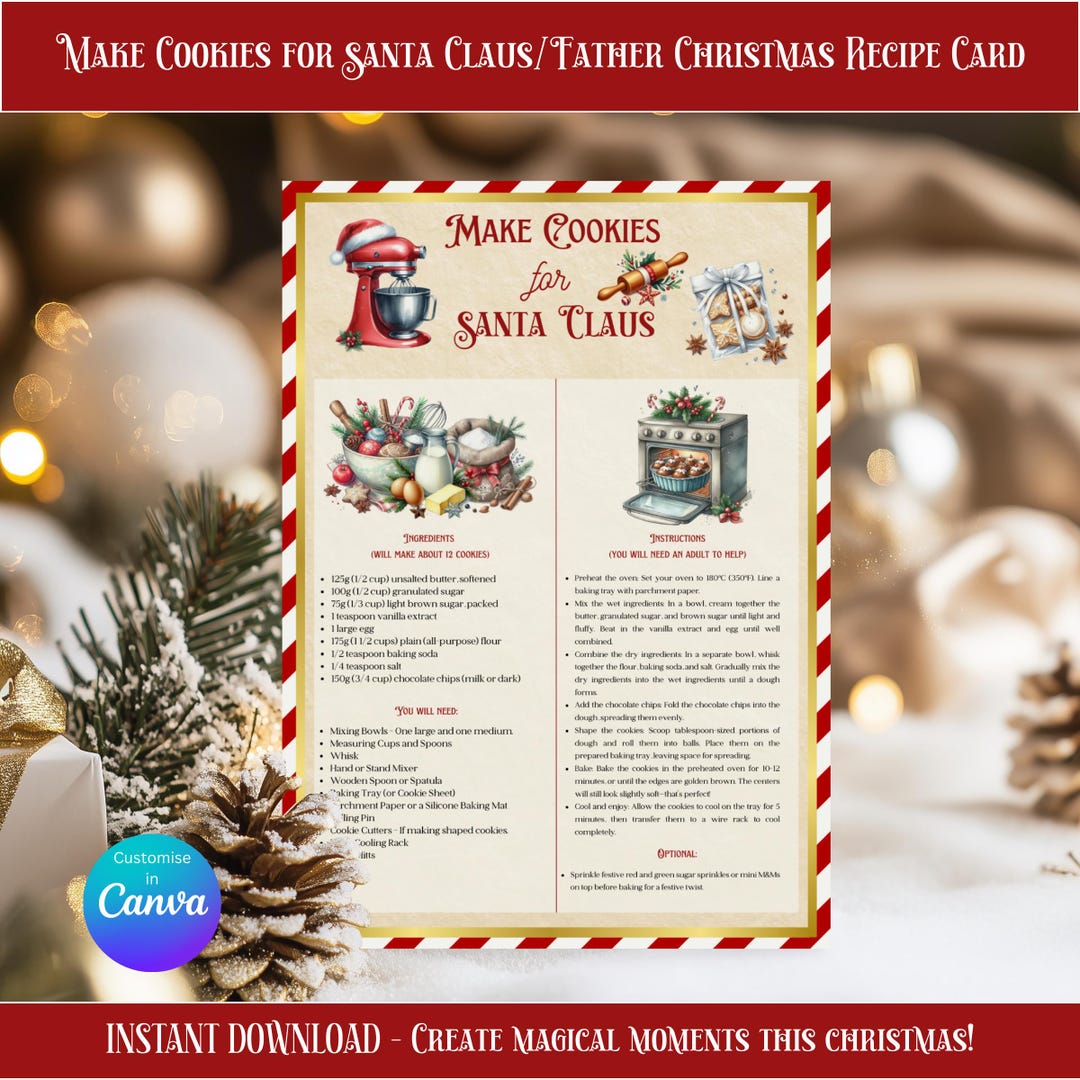 Make Cookies for Santa Recipe Card Digital Download Printable Christmas ...