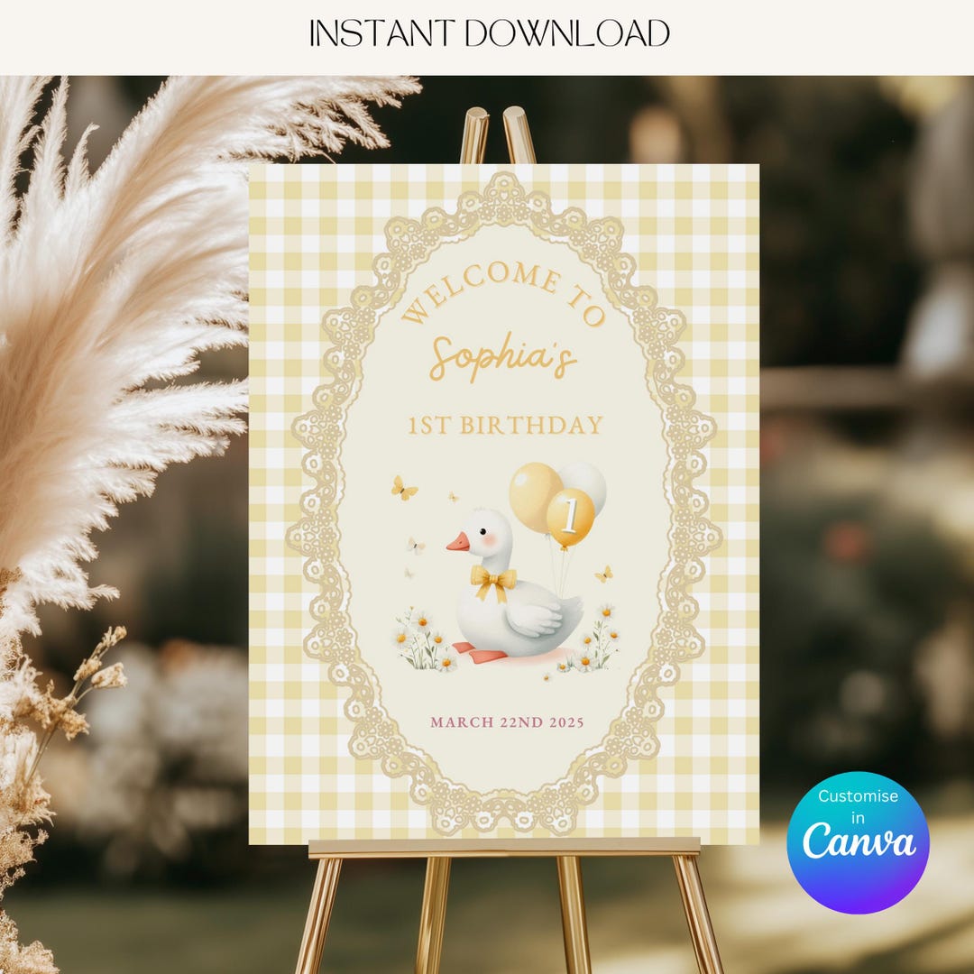 One Silly Goose 1st Birthday Welcome Sign, Yellow Gingham, Editable ...