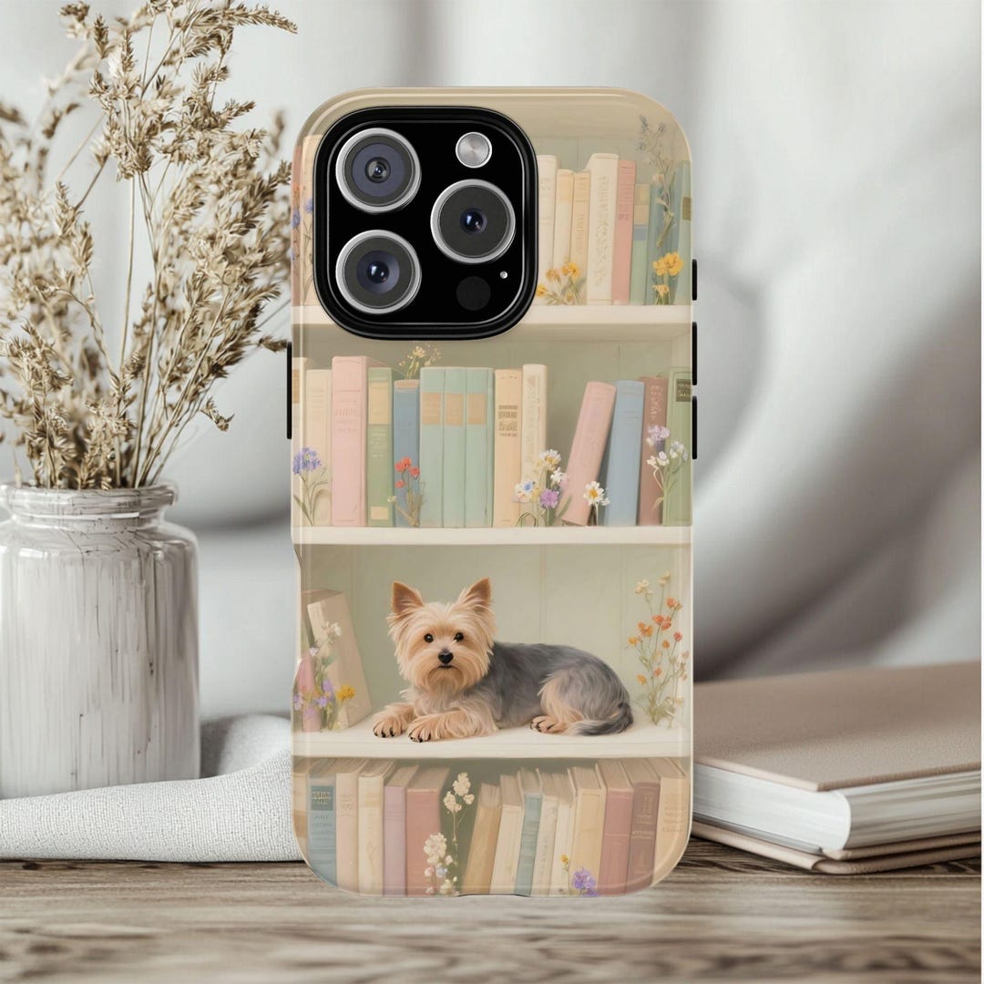Yorkshire Terrier Dog on Bookshelf Phone Case, Book Lover, Literary ...