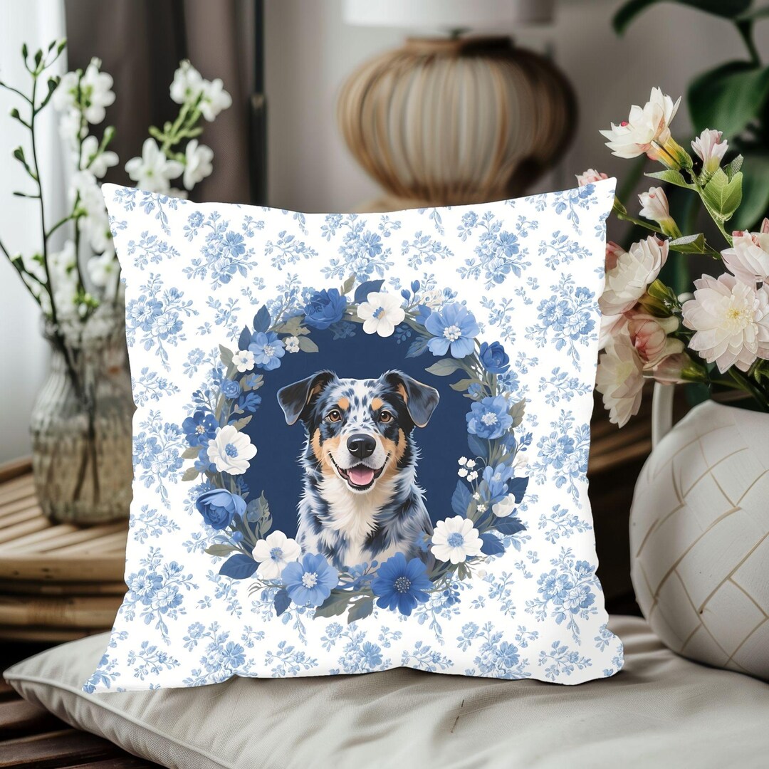 Blue Floral Australian Cattle Dog Pillow, Dog Mom Gift - Etsy