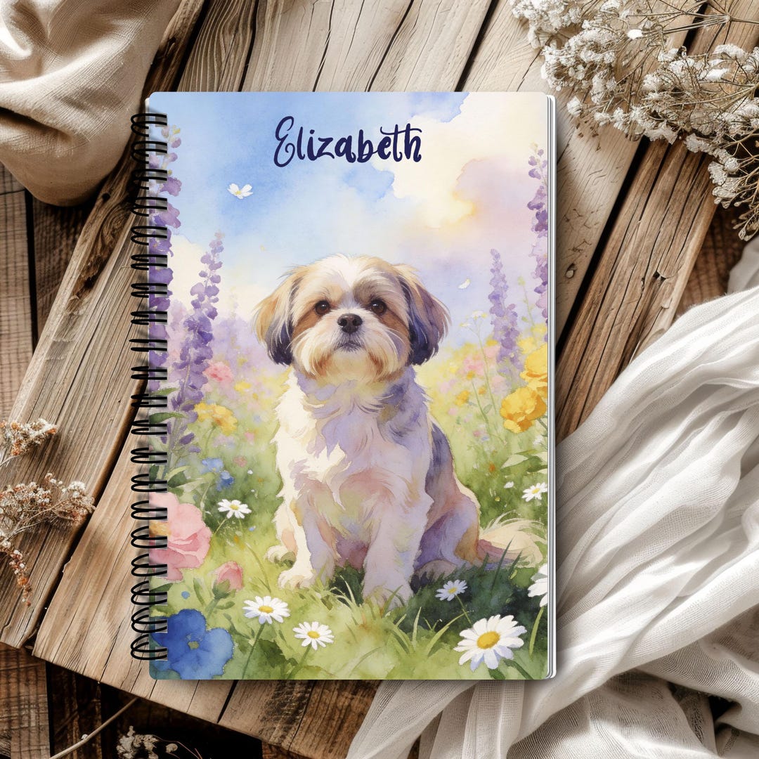 Personalized Shih Tzu Dog Watercolor Wildflower Meadow Spiral Notebook ...
