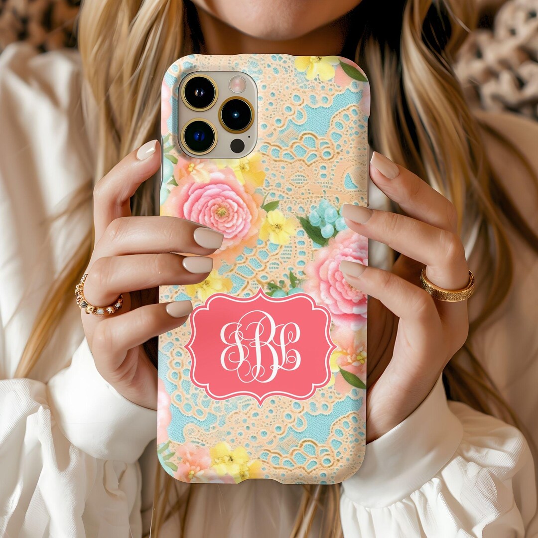 Custom Monogrammed Floral Lace Phone Case for iPhone 16, 15, 14, 13 Pro ...