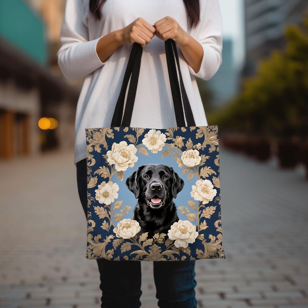 Black Labrador Retriever Dog Floral Damask Tote Bag, Bag for Books ...