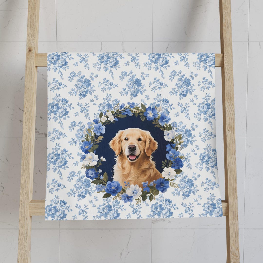 Golden Retriever Hand Towel: Blue Floral Dog Portrait Bathroom Decor - Etsy