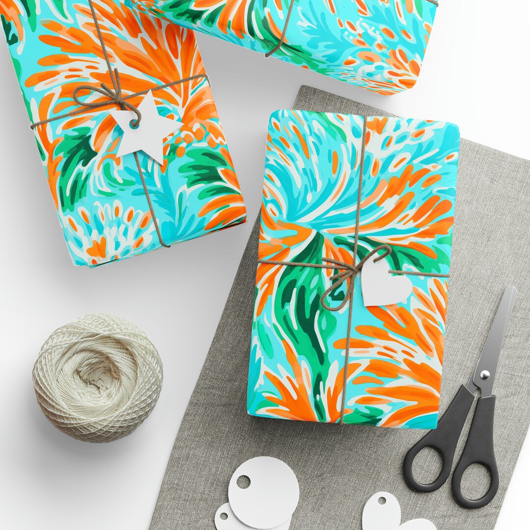 Preppy Floral Gift Wrapping Paper Roll, Bouquet Paper, Aqua Orange ...