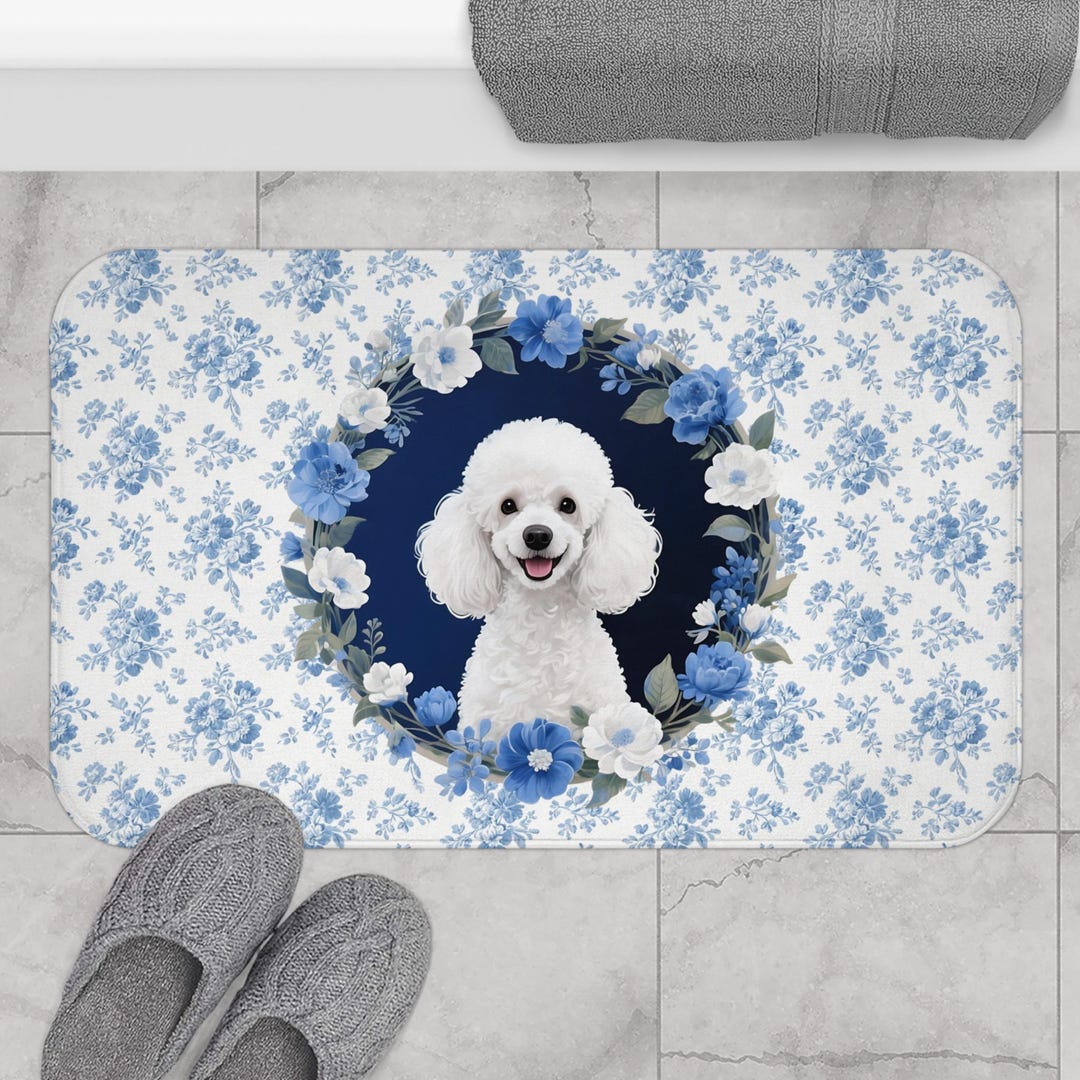Blue Floral Poodle Bath Mat: Farmhouse Dog Bathroom Rug - Etsy