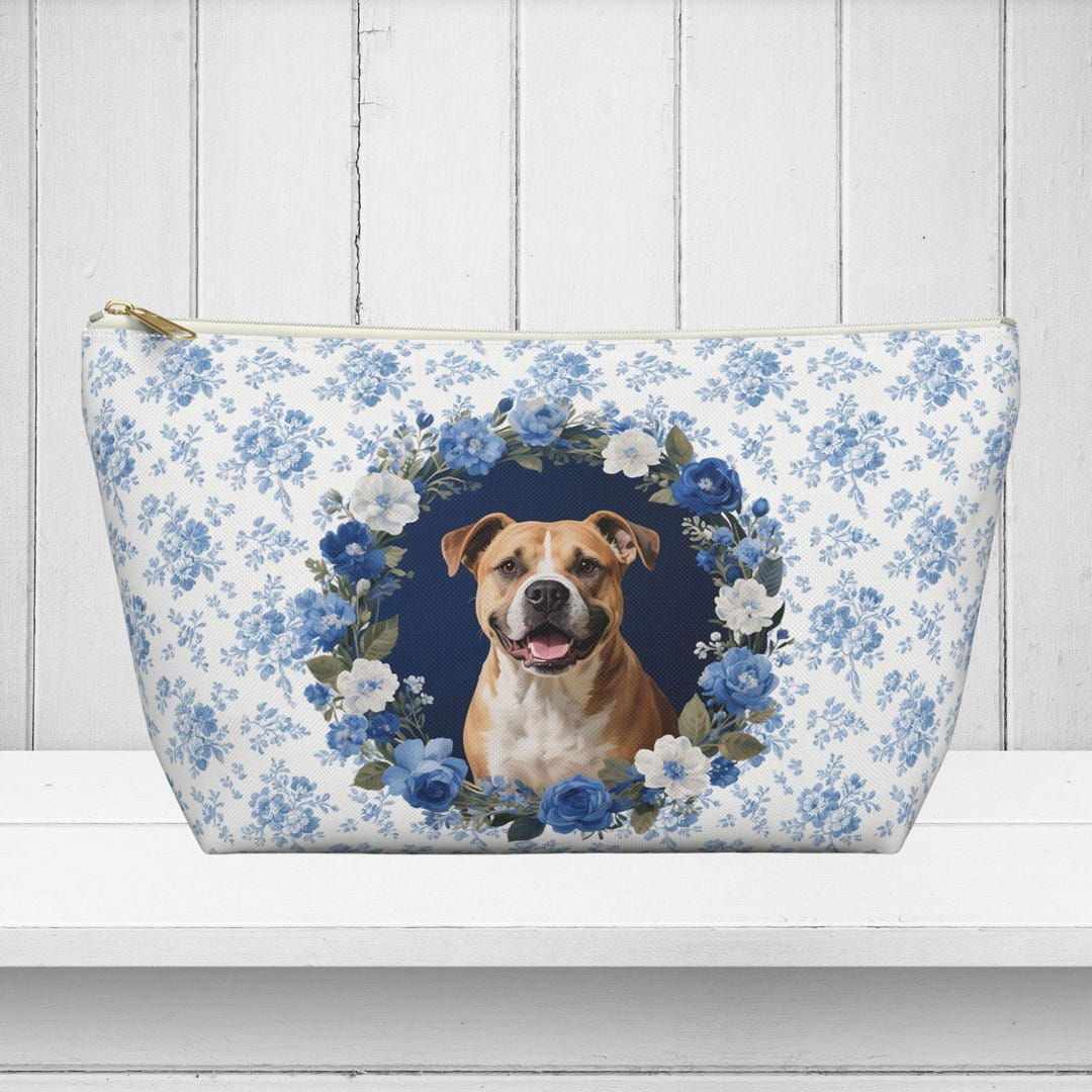 Pitbull Dog Cosmetics Bag, Blue Floral Toile Accessory Bag for Dog ...