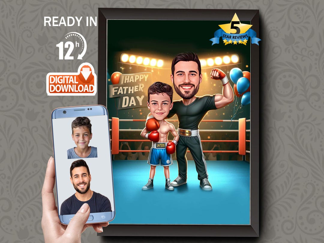 Custom Boxer Dad and Son Cartoon Portrait, Funny Boxer Dad Portrait ...