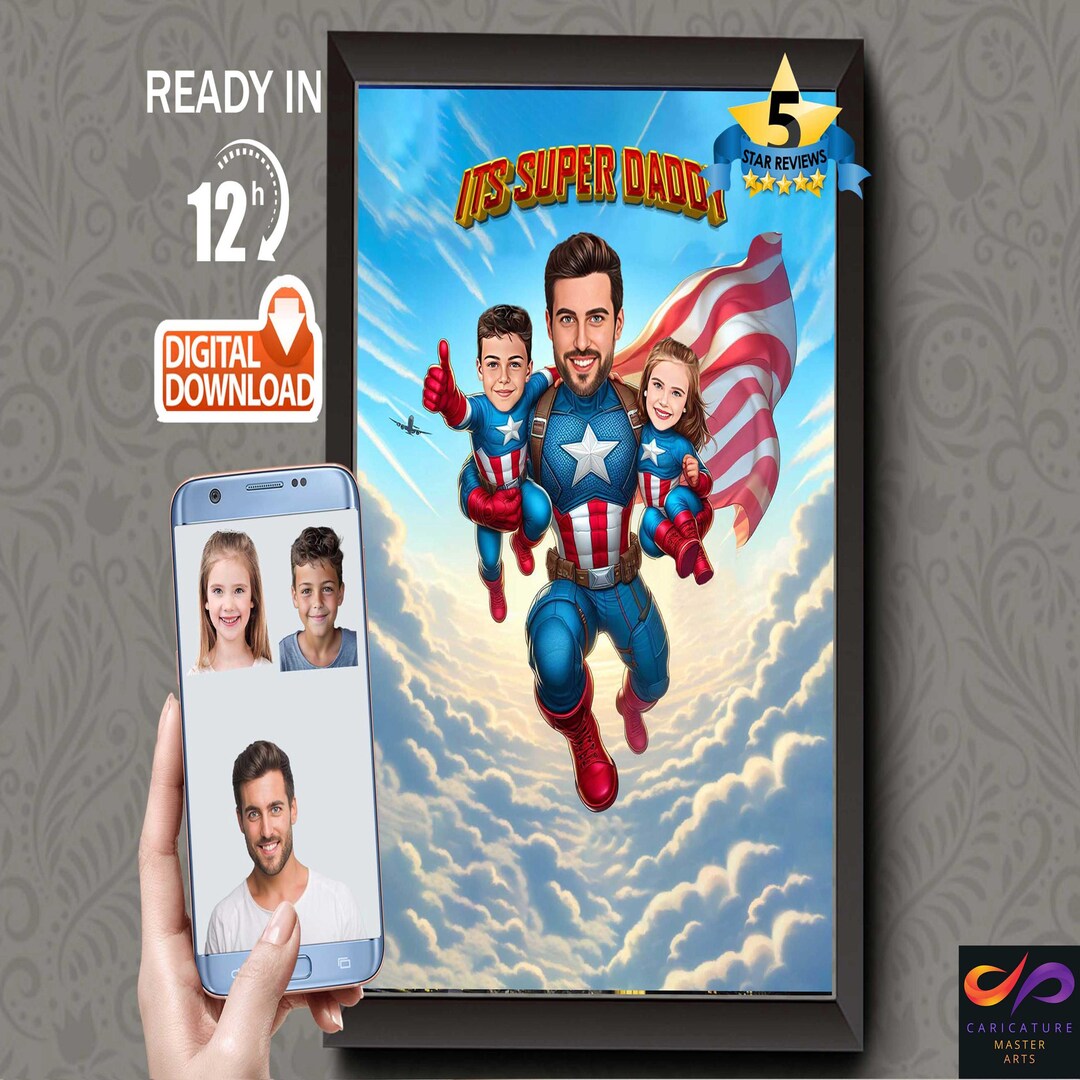 Custom Captain America Caricature Portrait, Dad and Son Superhero ...