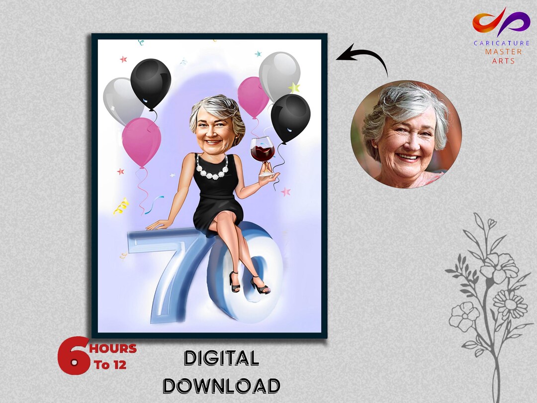 Bespoke 70th Birthday Caricature Gift Personalized Illustration Unique ...